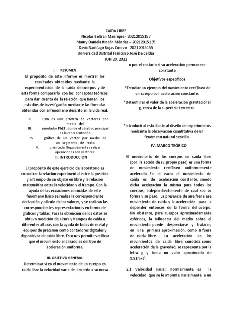Informe Caida Libre | PDF | Gravedad | Aceleración