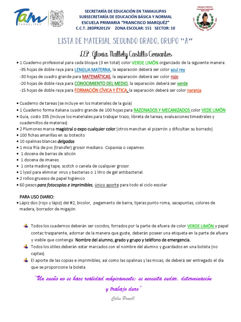 Lista de Material Segundo Grado | PDF | Cuaderno | Color