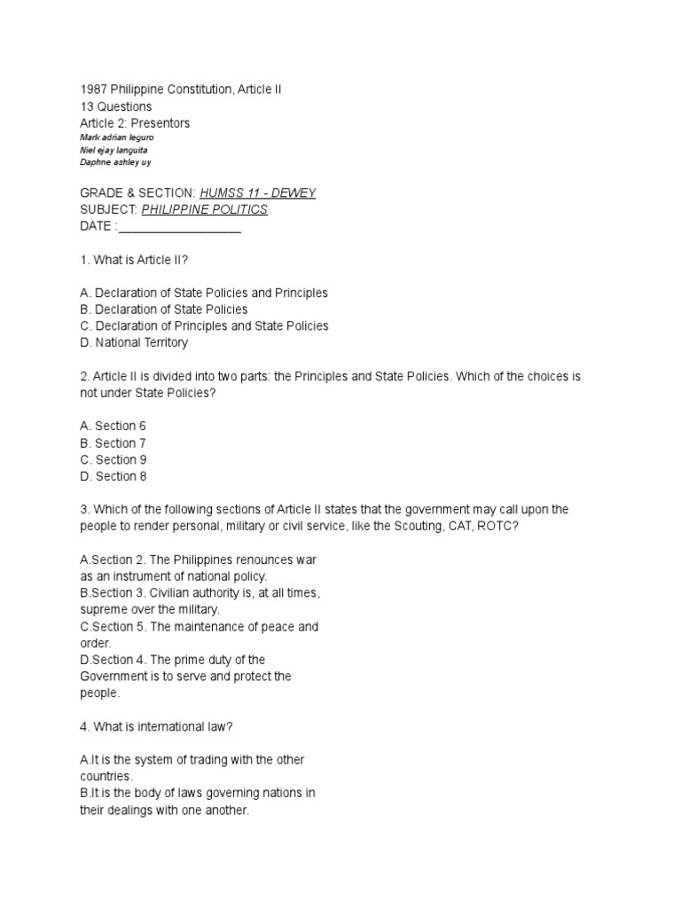 1987 Philippine Constitution, Article II Questionnaire | PDF | Article ...