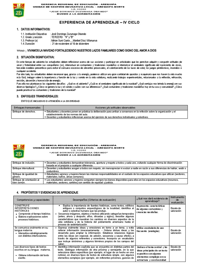 Experiencia De Aprendizaje Tercer Grado Pdf
