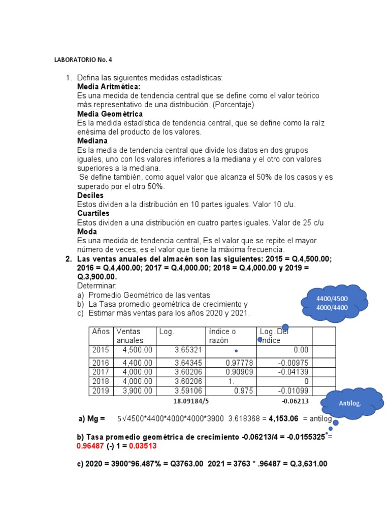 SOLUCION LABORATORIO No. 4 | PDF | Media | Promedio