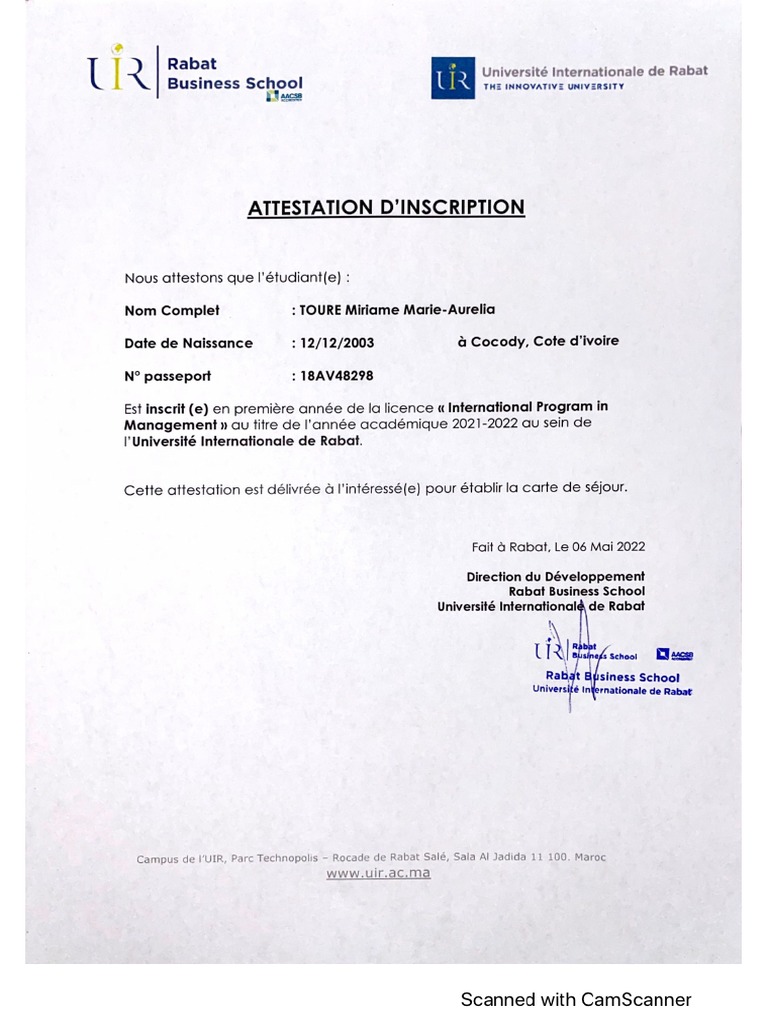Attestation D'inscription Uir | PDF