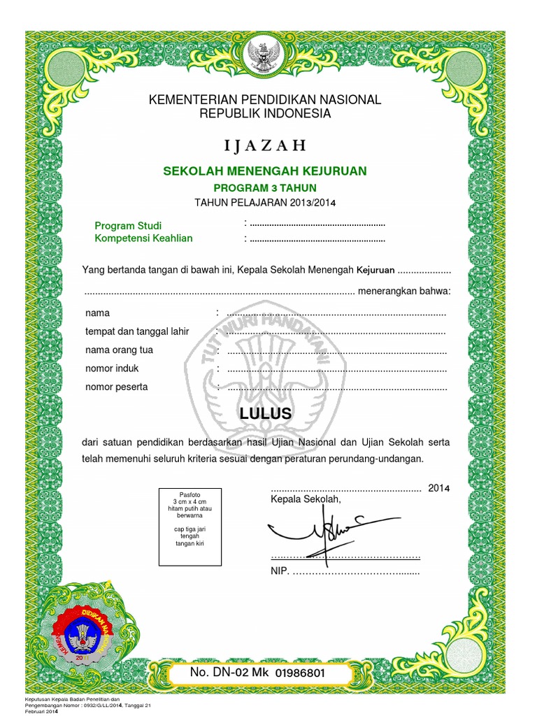 Format dan Contoh Ijazah SMK 2014 | PDF