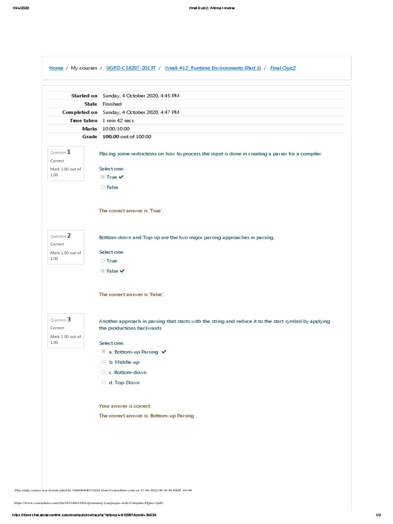 Programming Languages With Compiler FQuiz 2 PDF | PDF | Parsing | Syntax
