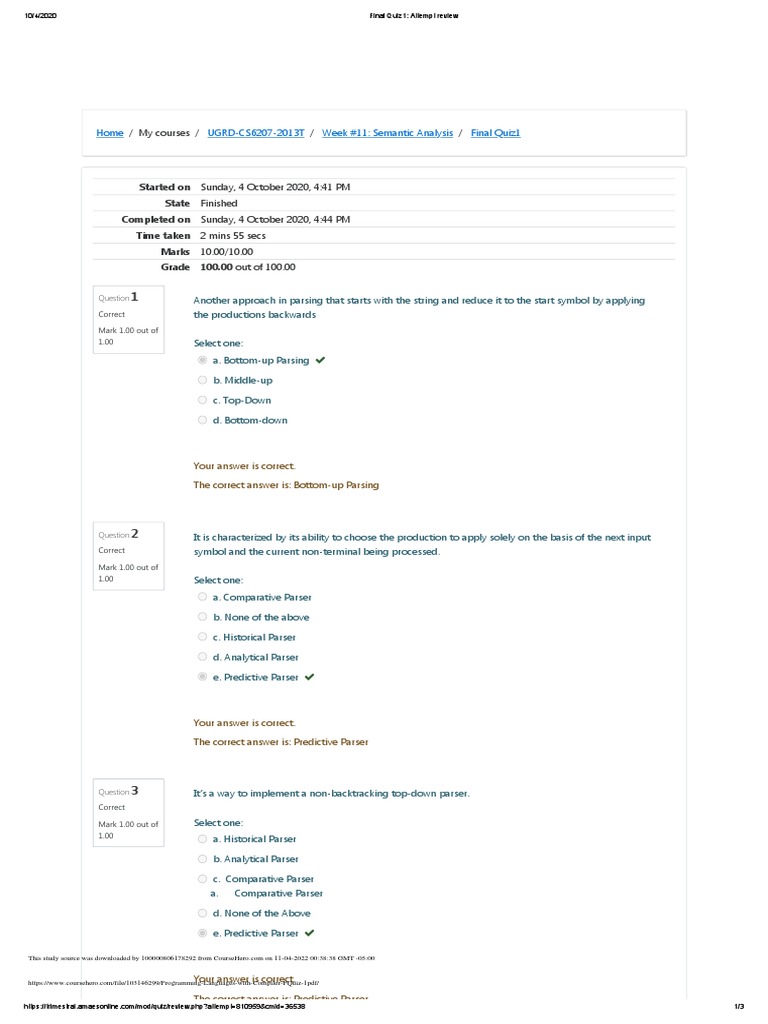 Programming Languages With Compiler FQuiz 1 PDF | PDF | Parsing | Metalogic