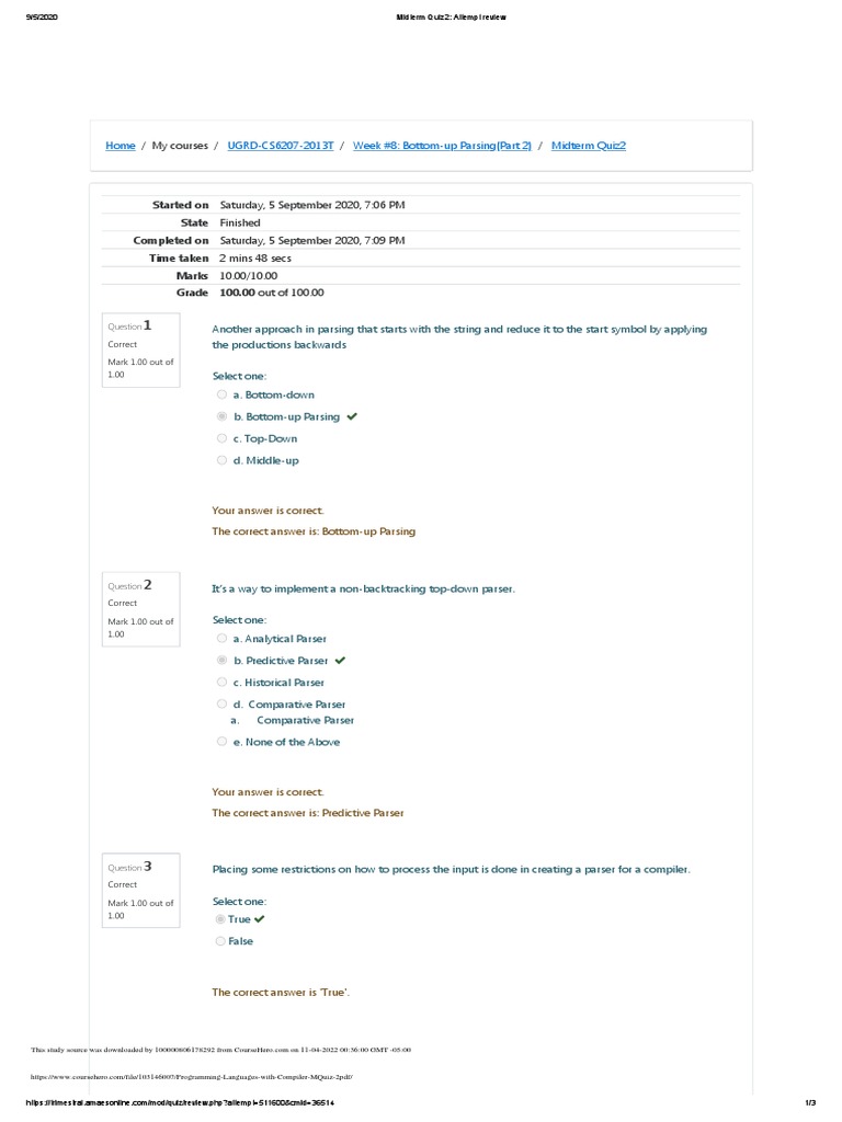 Programming Languages With Compiler MQuiz 2 PDF | PDF | Parsing | Formalism (Deductive)