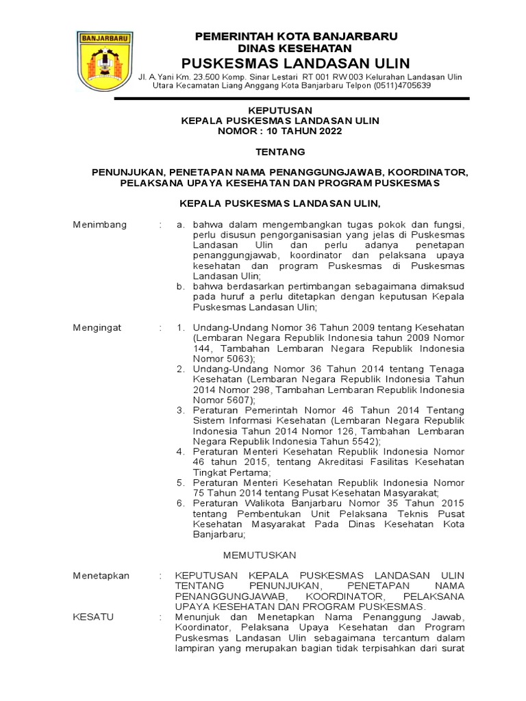 Penunjukan Koordinator Puskesmas Ulin | PDF