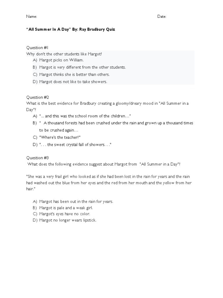 Quiz on "All Summer in a Day" | PDF