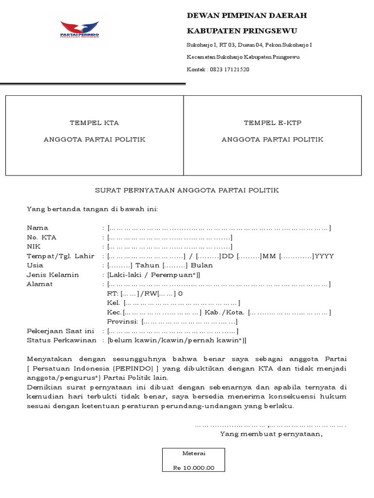 CONTOH SURAT PERNYATAAN ANGGOTA PARTAI POLITIK Bagi | PDF