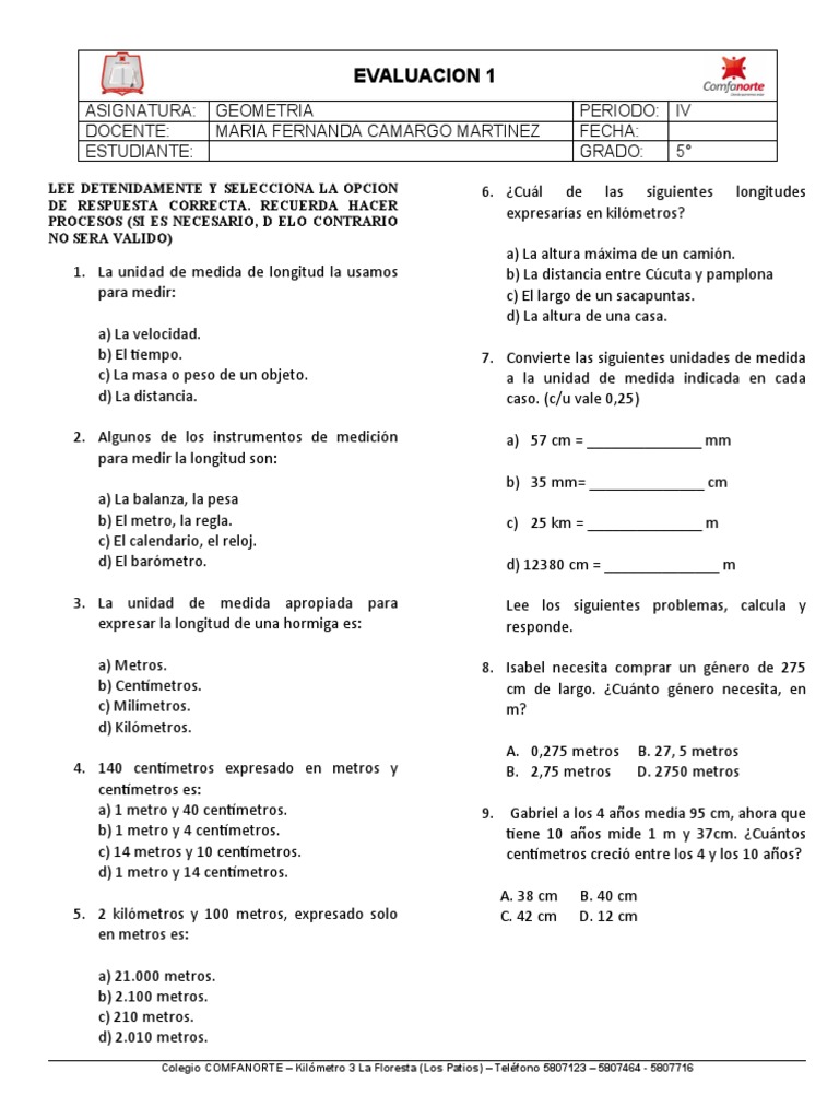 5° Evaluacion Unidades de Longitud | PDF | Metrología | Cantidad 5° Evaluacion Unidades de Longitud | PDF | Metrología | Cantidad