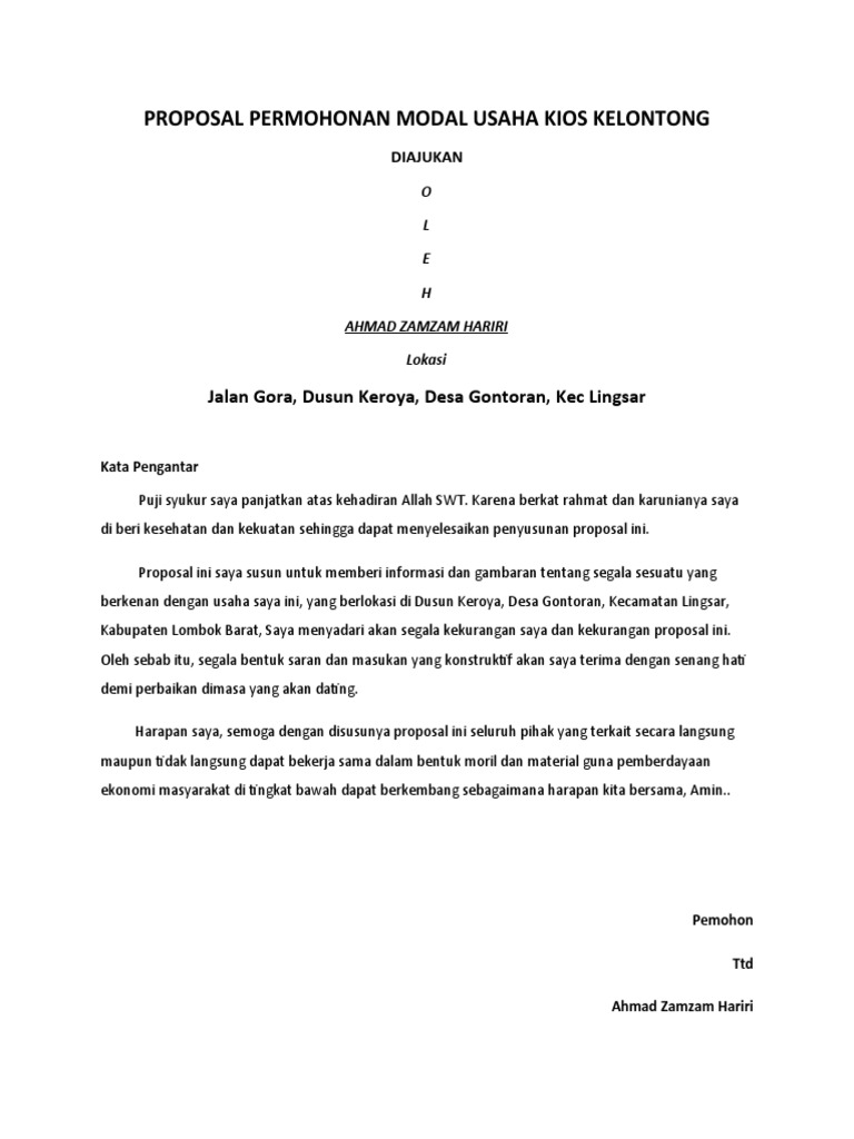 Proposal Permohonan Modal Usaha Kios Kelonton1 | PDF