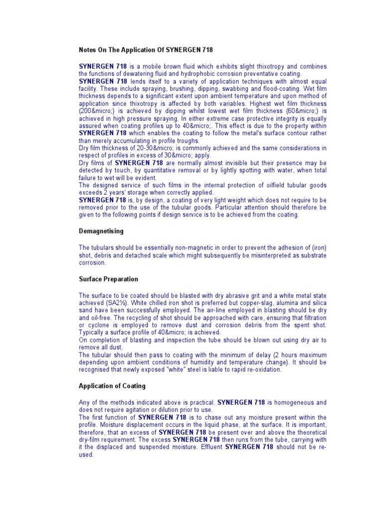 Notes On The Application Of SYNERGEN 718 | PDF | Corrosion | Water