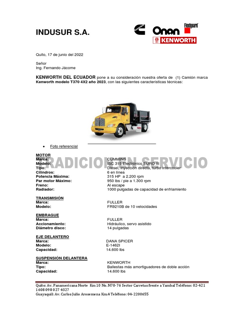 Kenworth T 370 | PDF | Vehículos | Tecnología de vehículos