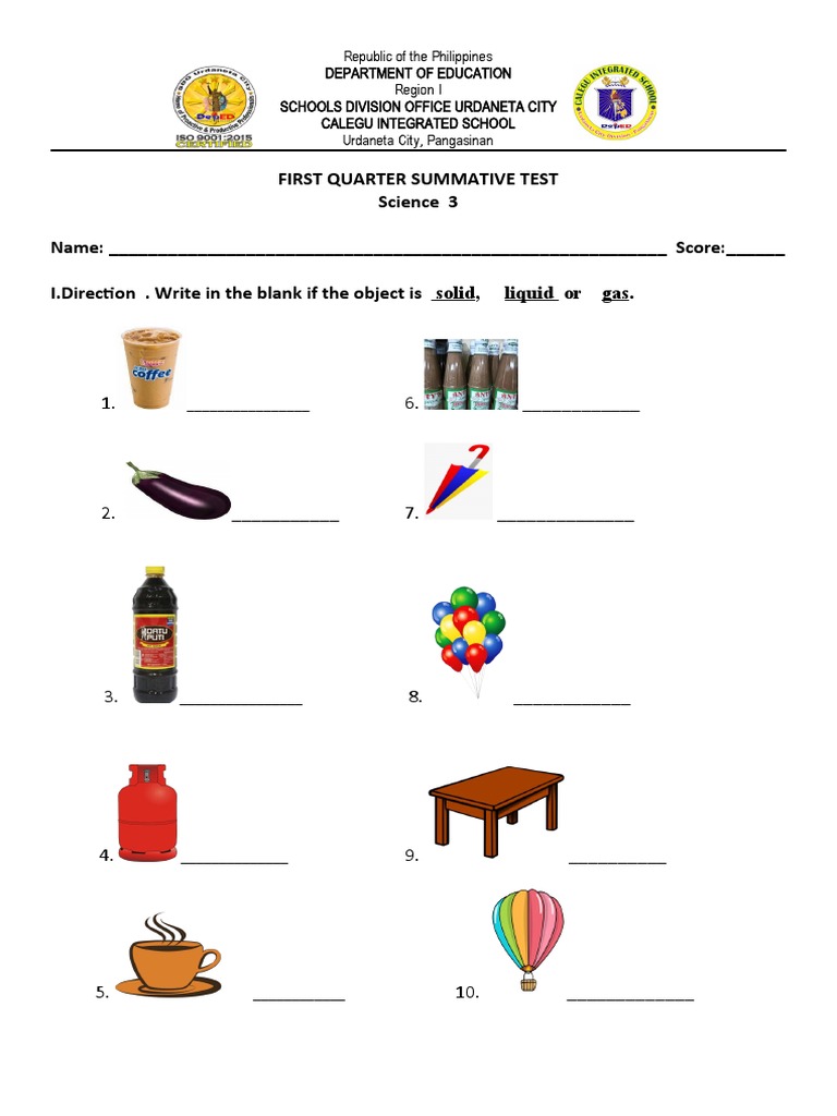 Grade 3 Science 1st Quarter Test | PDF | Liquids | Water