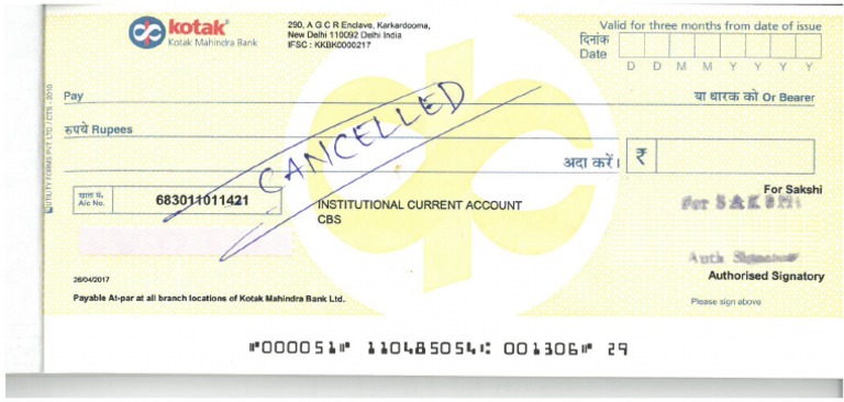 Cancelled Kotak Bank Cheque | PDF