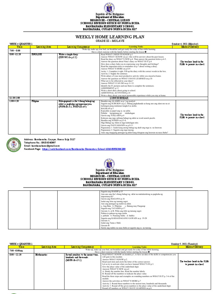 WeeklyHomePLAN WEEK4 Grade3 | PDF | Learning