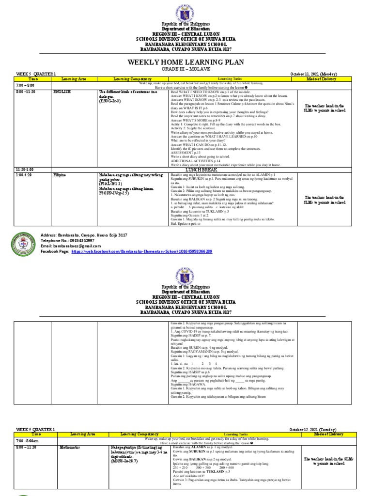 WeeklyHomePLAN WEEK5 Grade3 | PDF