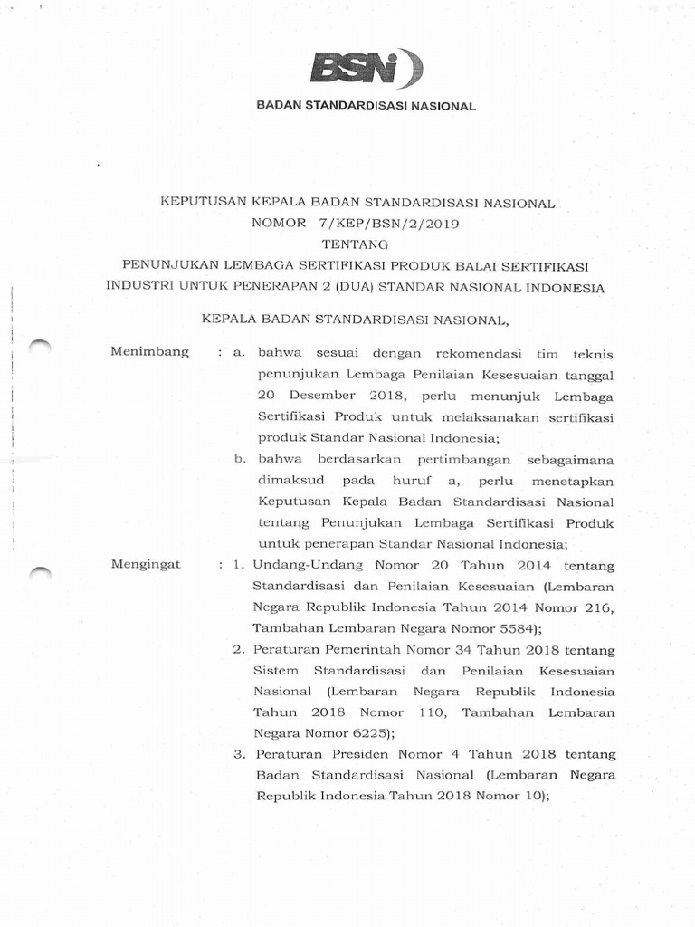 BSN) Badan Standardisasi Nasional Keputusan Kepala Badan Standardisasi Nasional Nomor 7 - Kep ...