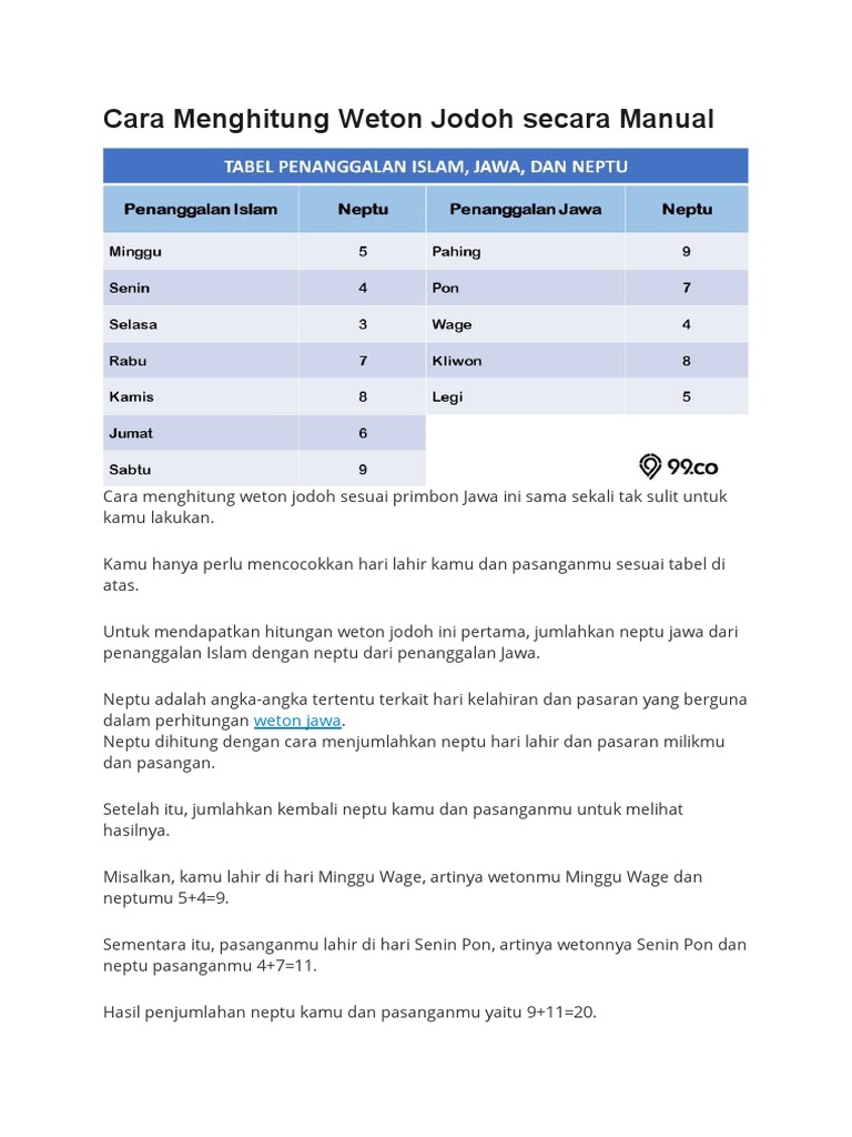 Cara Menghitung Weton Jodoh Secara Manual | PDF