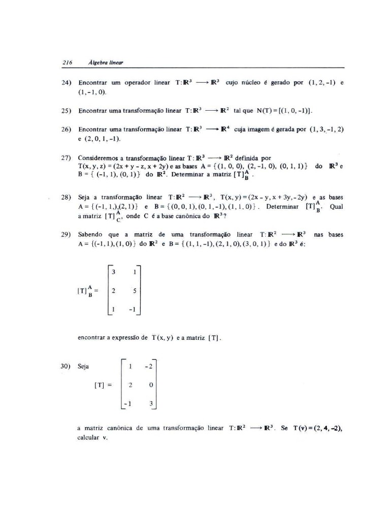 Exercícios Matriz de Uma Transformação Linear | PDF Exercícios Matriz de Uma Transformação Linear | PDF