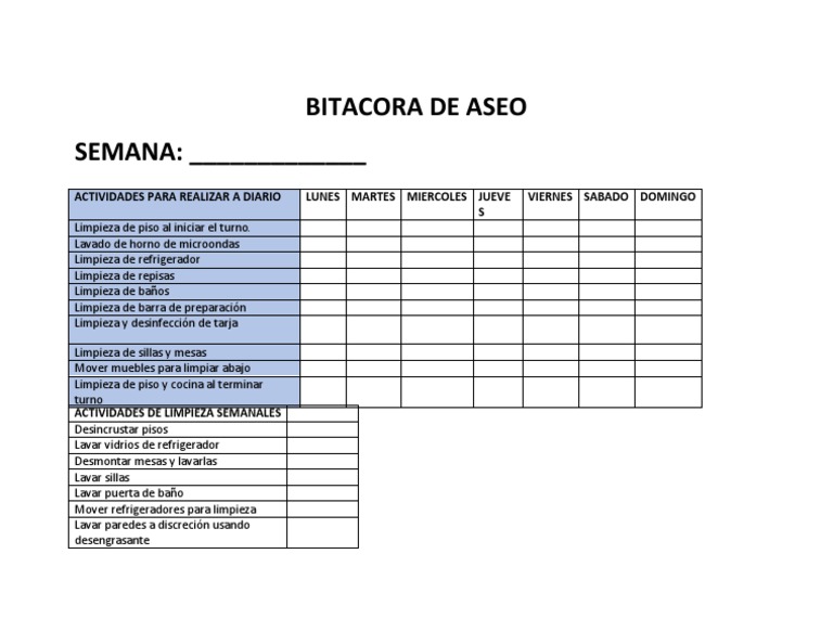 Bitacora de Aseo | PDF