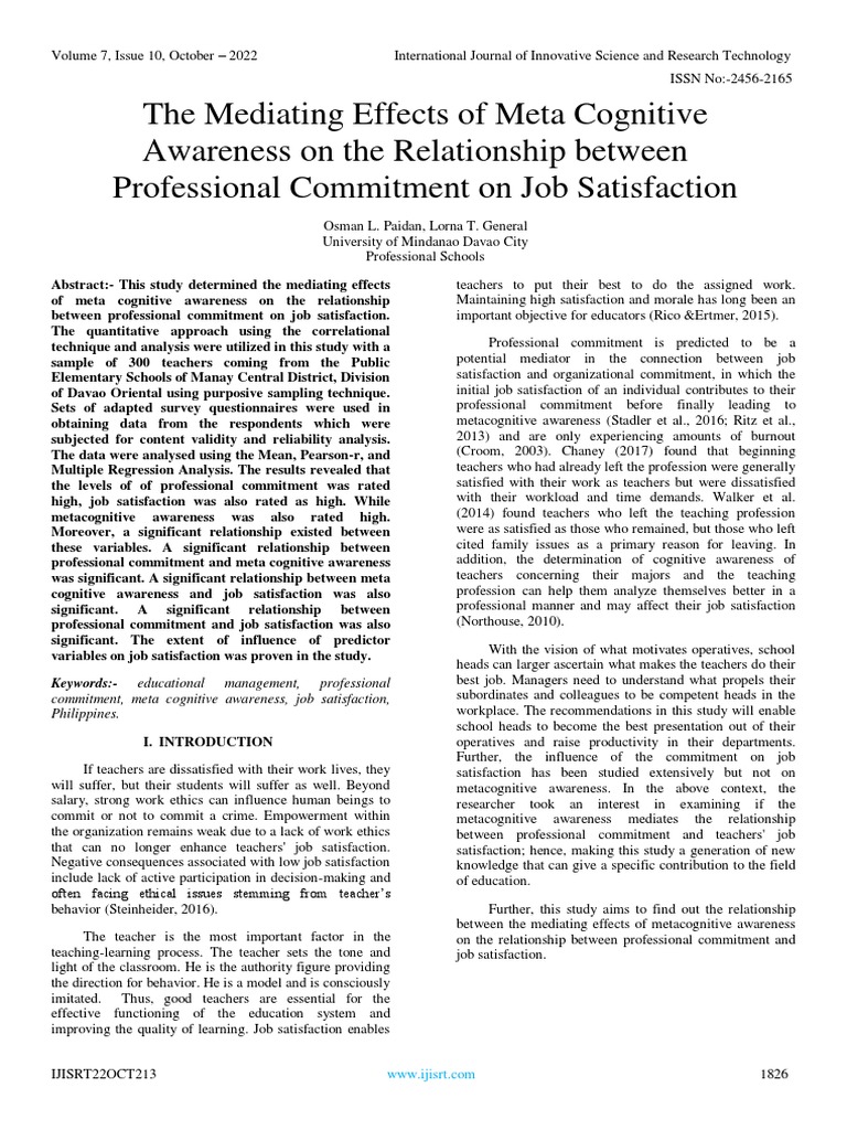 The Mediating Effects of Meta Cognitive Awareness On The Relationship ... The Mediating Effects of Meta Cognitive Awareness On The Relationship ...