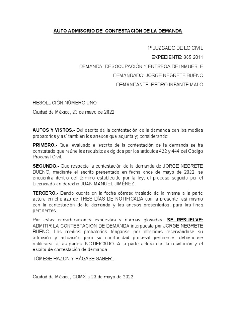 Auto Admisorio de Contestación de La Demanda | PDF | Demanda judicial ...