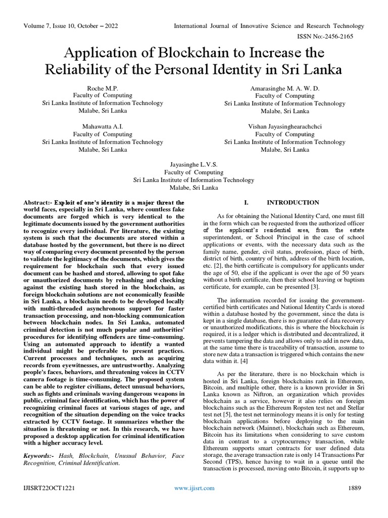 Application of Blockchain To Increase The Reliability of The Personal Identity in Sri Lanka ...