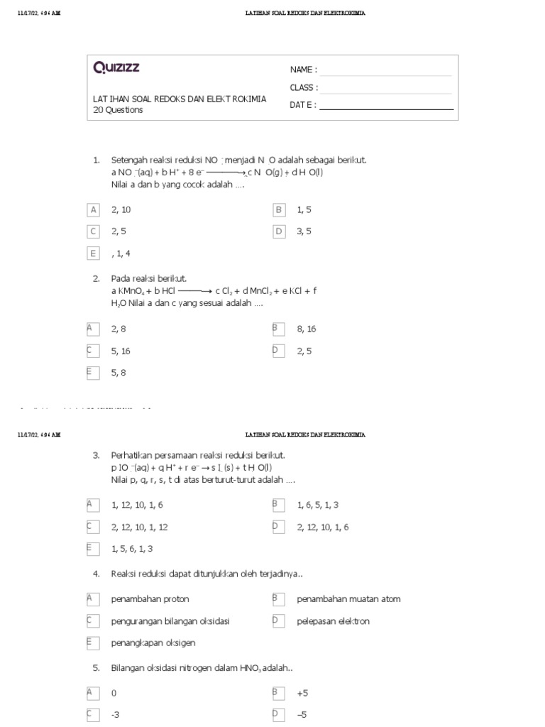 Latihan Soal Redoks Dan Elektrokimia Uts | PDF