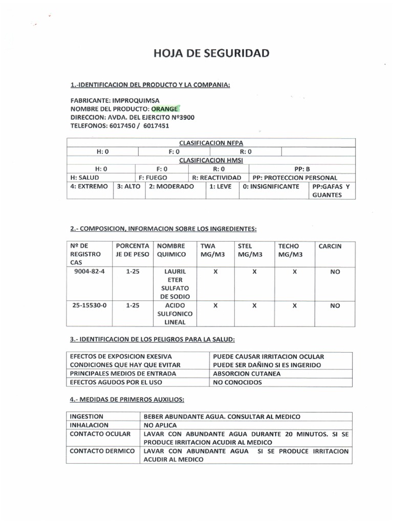 MSDS Producto ORANGE Nov 2013 | PDF