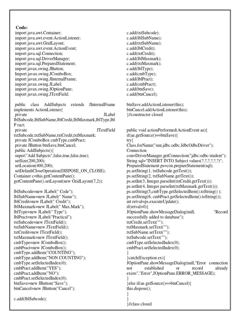 A Java program for deleting student details from a database using Swing ...