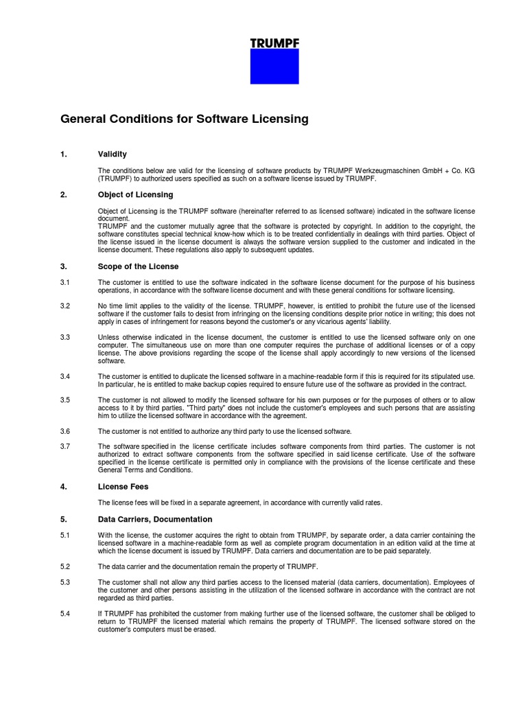 TRUMPF Software Licensing Terms | PDF | License | Damages