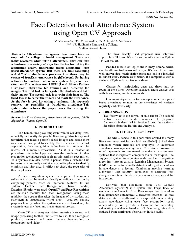 Face Detection Based Attendance System Using Open CV Approach | PDF | Computer Vision | Computer ...