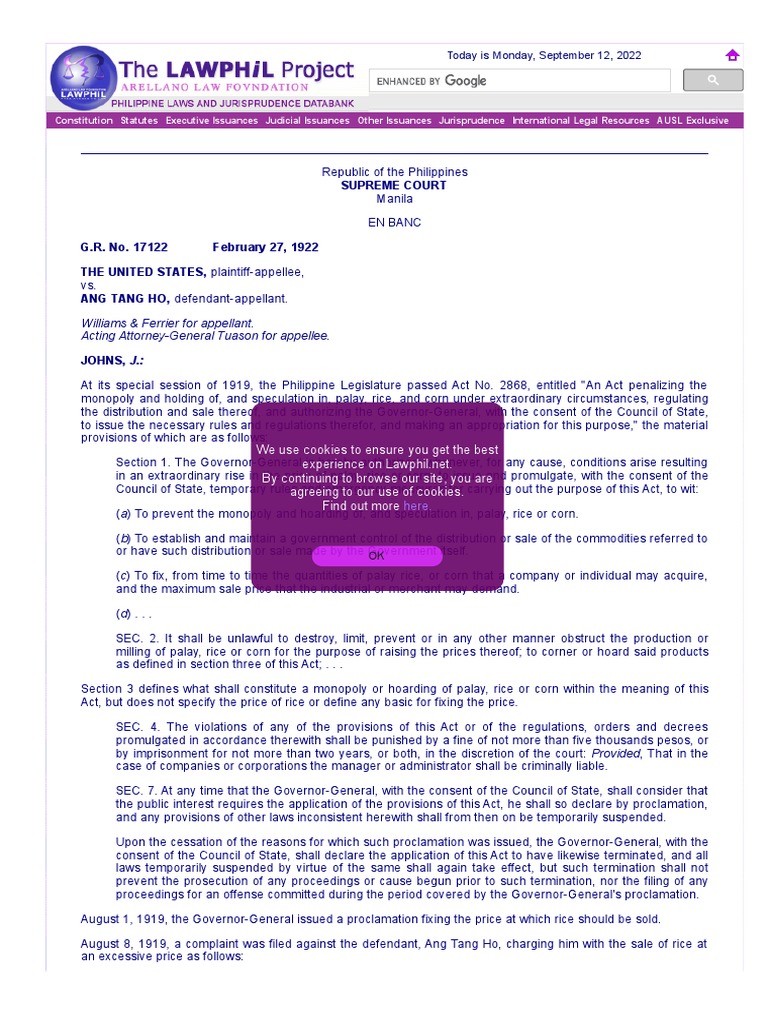 US vs. Ang Tang Ho: Rice Price Case | PDF | U.S. State | Judiciaries