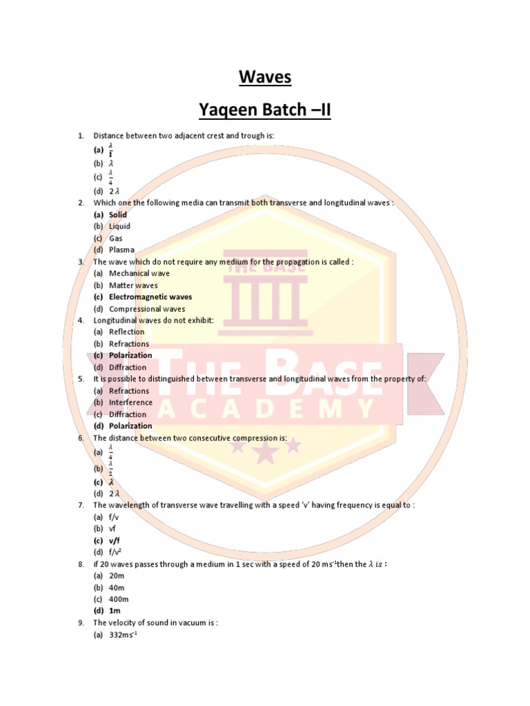waves mcq's set II | PDF | Waves | Sound