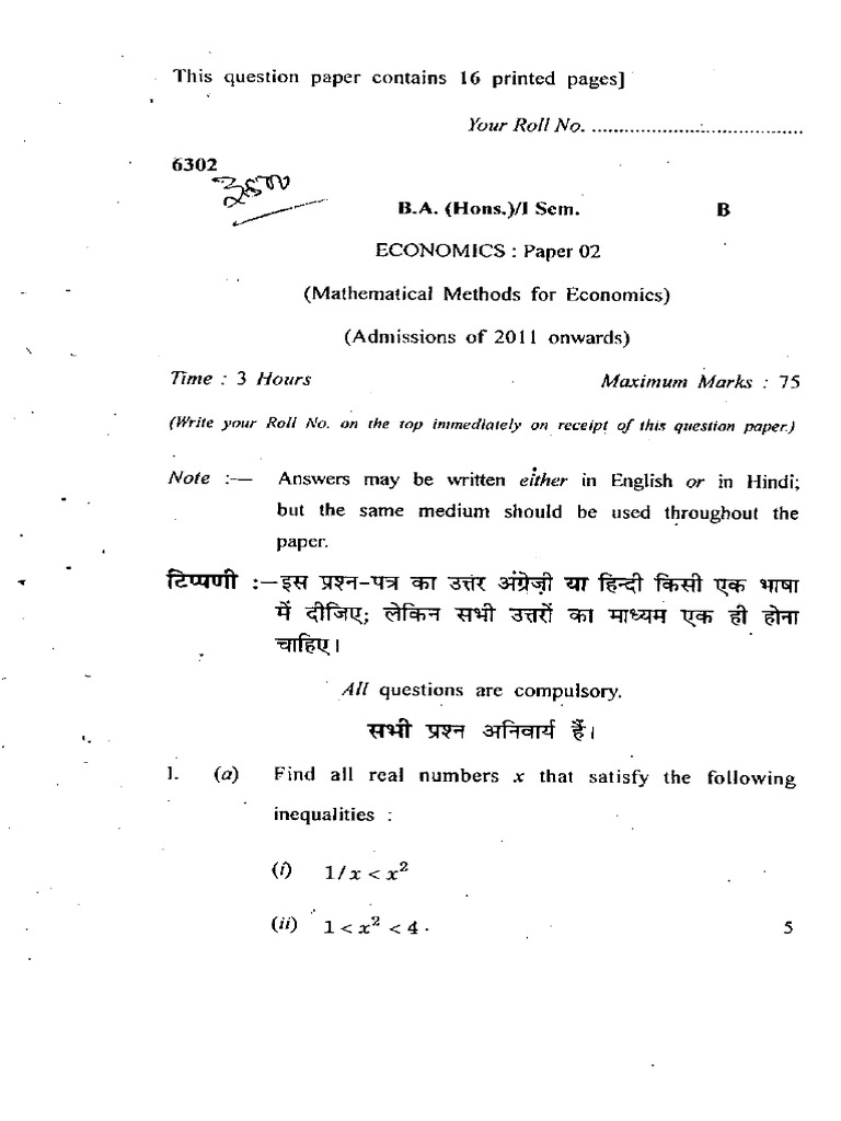 B A Hons I Sem Economics Paper 02 Mathematical Methods For