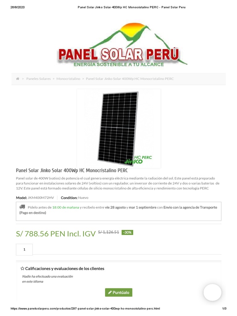 Panel Solar Jinko Solar 400Wp HC Monocristalino PERC - Panel Solar Peru | PDF | Panel solar ...