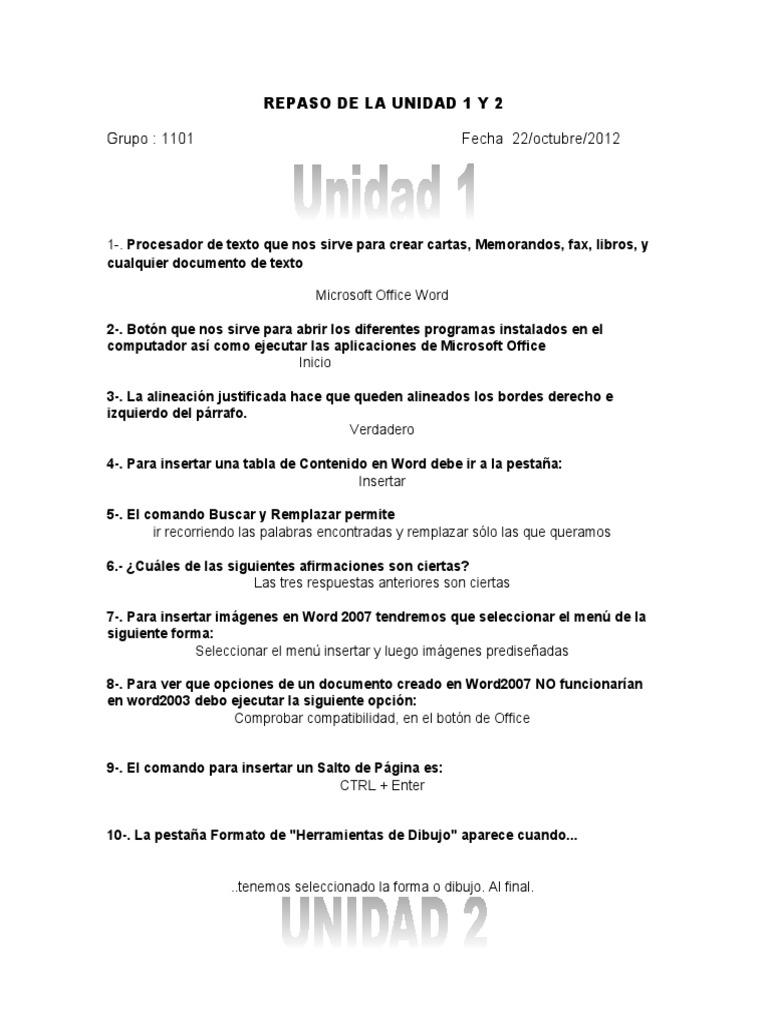 Repaso de La Unidad 1 y 2 | PDF | Microsoft Word | Microsoft