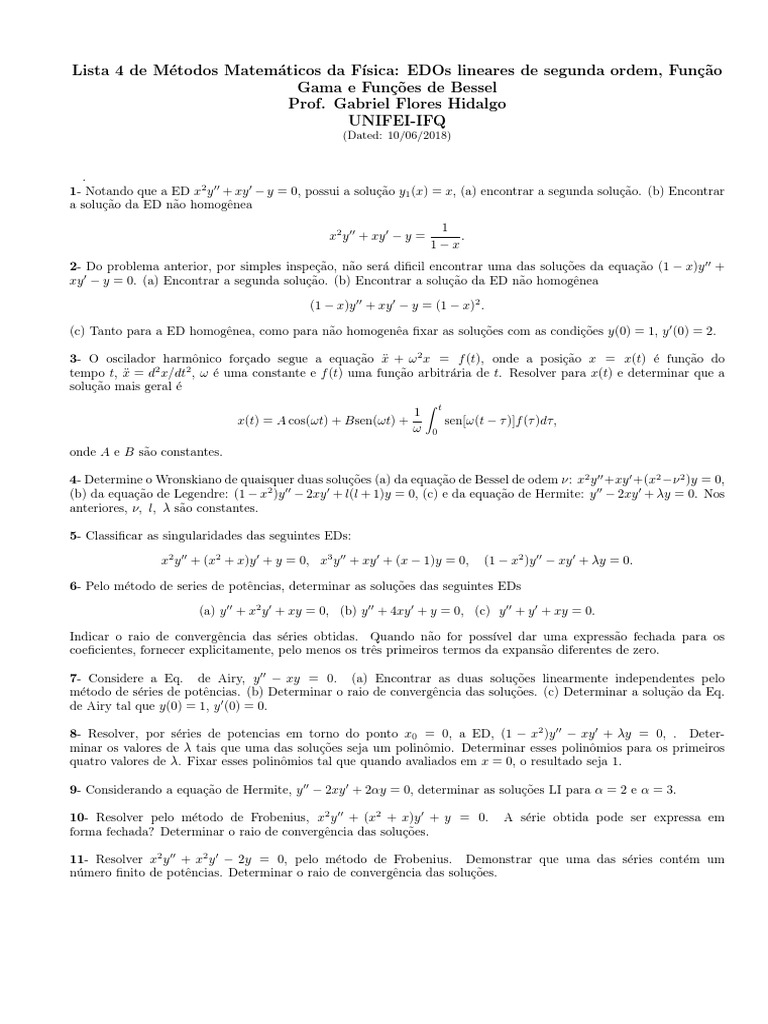 Lista - 4 - Metodos Matematicos | PDF | Série de potências | Equações