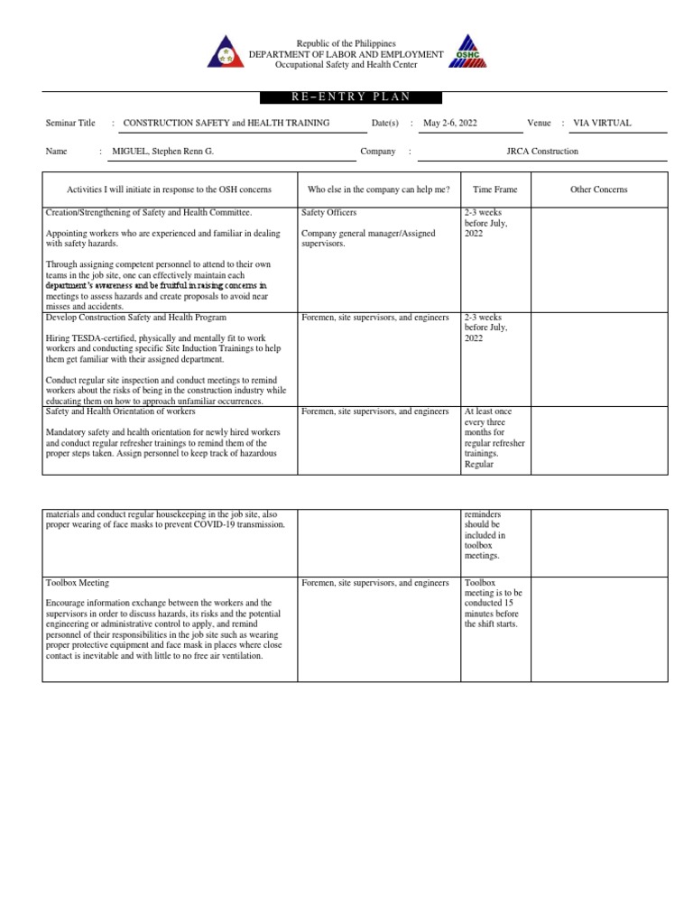 COSH Re-Entry Plan | PDF