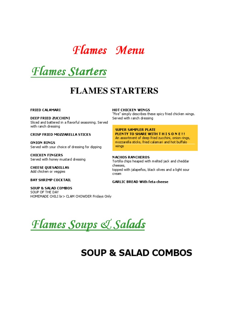Flames Menu | PDF | Salad | Hamburgers
