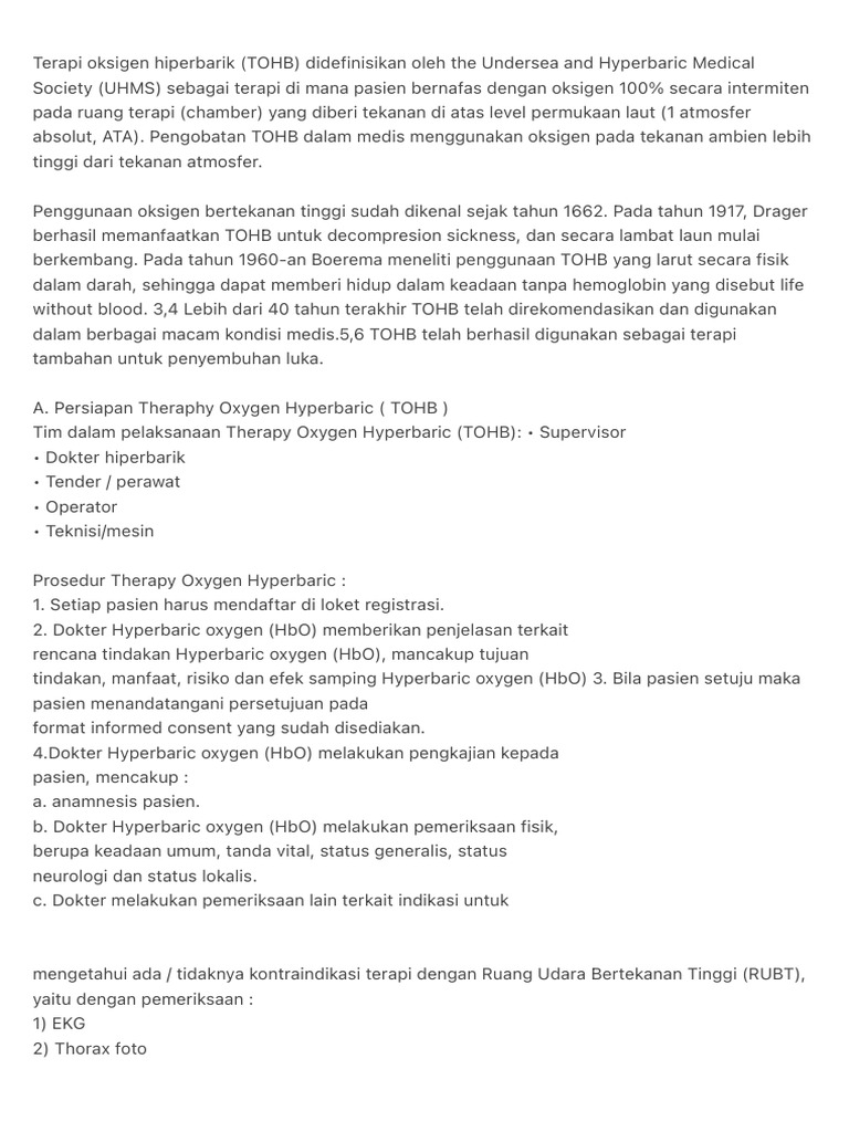 Terapi Oksigen Hiperbarik Tohb Didefinisikan Oleh The Undersea And