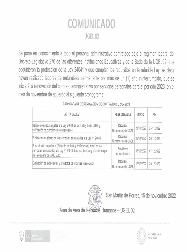 Comunicado 2022 Renovacion de Contrato 276 - 2023 | PDF | Derecho laboral | Ley Pública