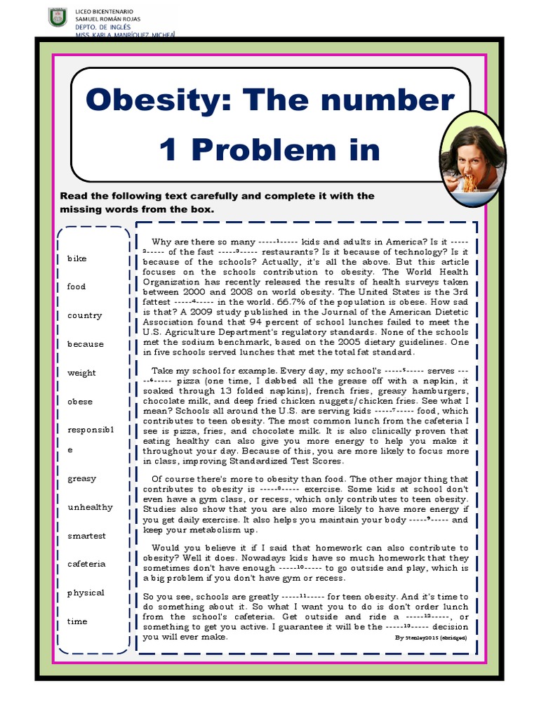 Obesity The Number 1 Problem in America Reading Comprehension Exercises ...