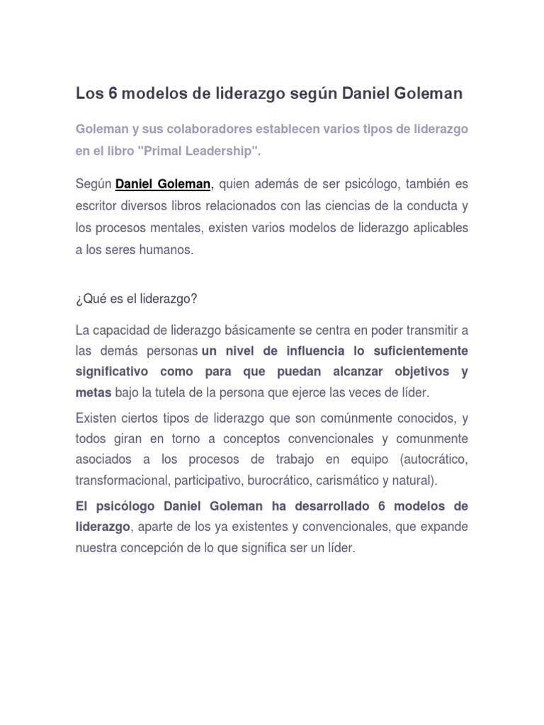 Los 6 Modelos de Liderazgo Según Daniel Goleman | PDF | Liderazgo | Sicología