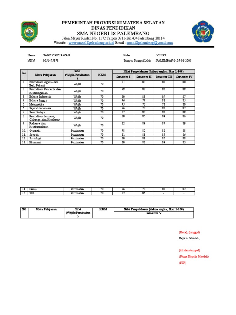 Template Transkrip Nilai Rapor Semester 1-5 (Beasiswa) | PDF