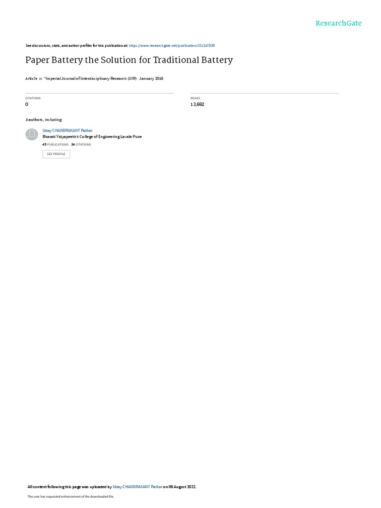 Paper Battery The Solution For Traditional Battery: "Imperial Journal ...
