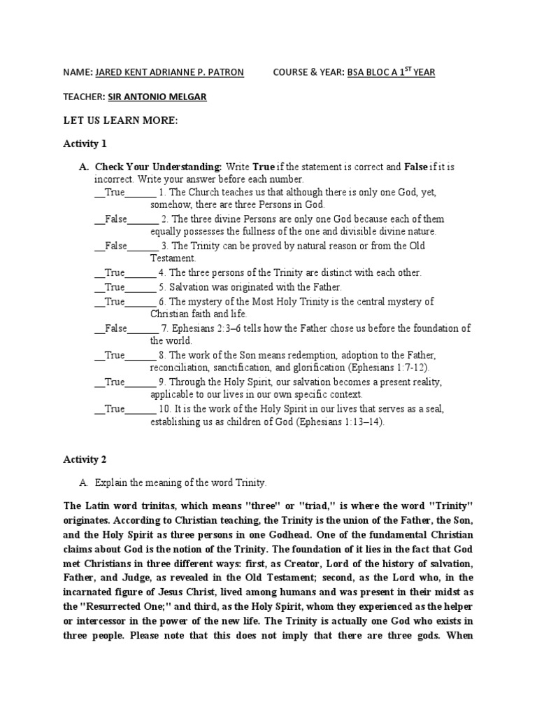 Lesson 5 RS1 The Holy Trinity in Salvation | PDF | Trinity | God The Father