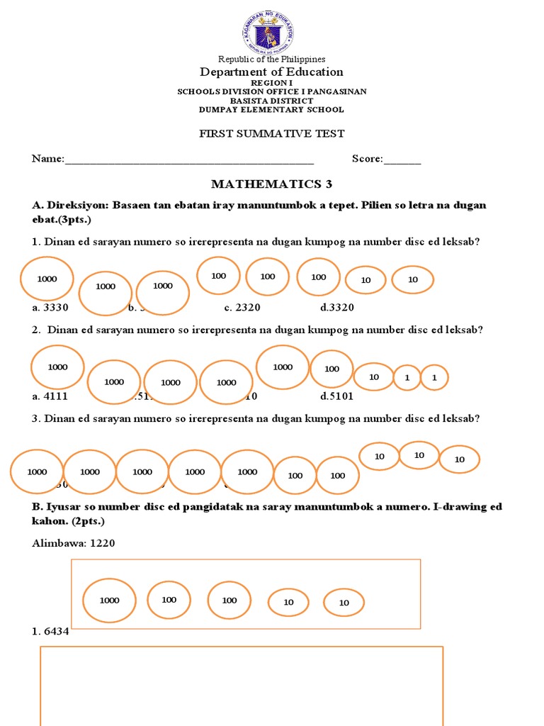 1st Summative Test Grade 3 | PDF