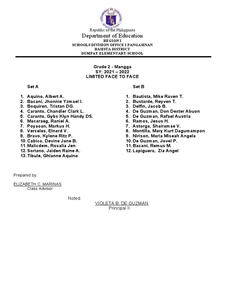 Grade 2 Learner List - Dumpay School | PDF